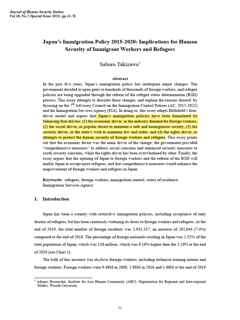 Japan's Immigration Policy 2015-2020. Implications For Human of ...