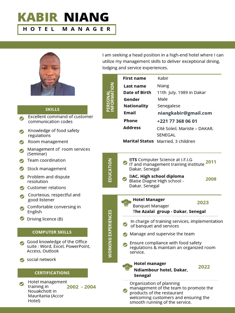 CV KABIR NIANG Bis | PDF | Waiting Staff | Senegal