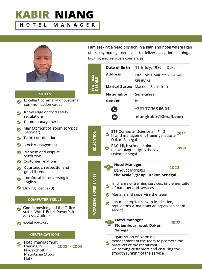 CV Kabir Niang Hotel Manager | PDF | Waiting Staff | Restaurants