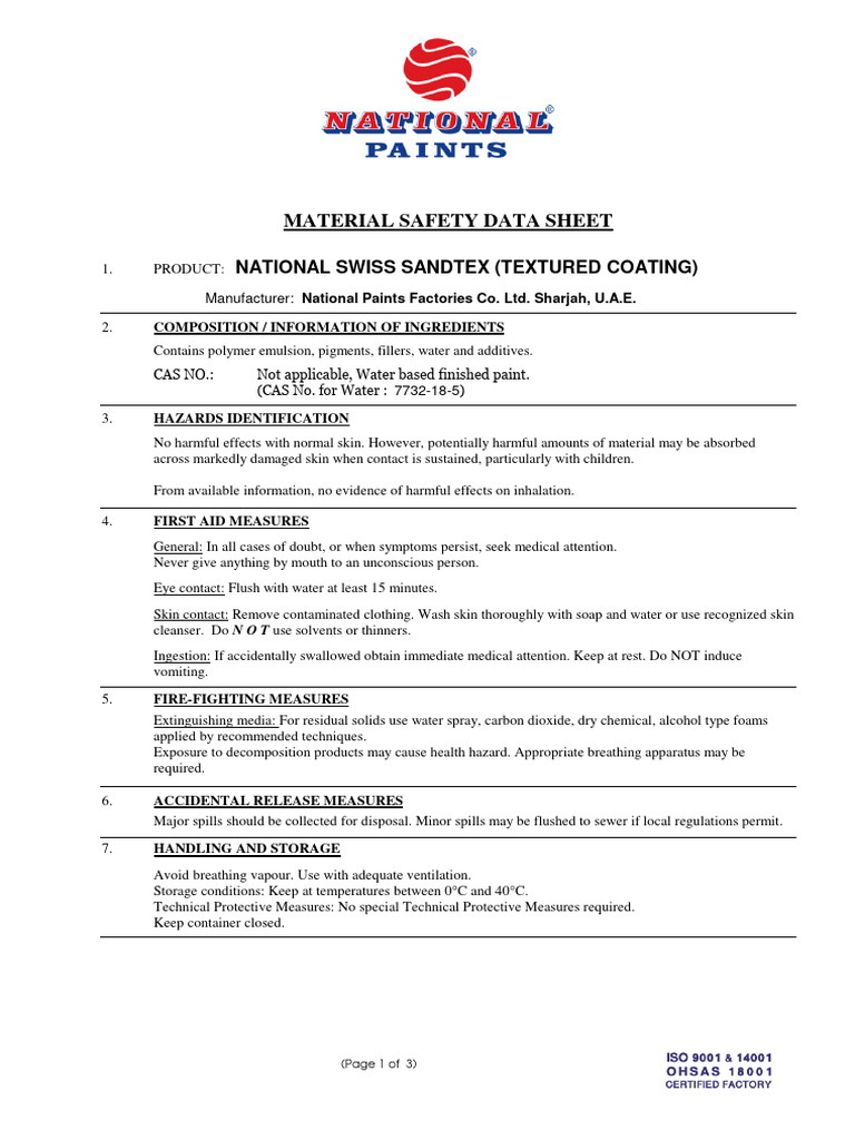 MSDS - Nationall Swiss SandTex | PDF | Water | Paint