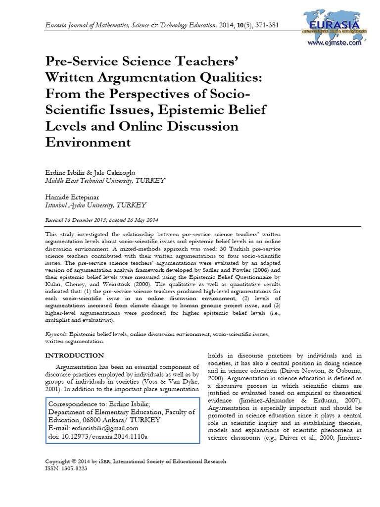 Pre Service Science Teachers Written Argumentation Qualities From The ... Pre Service Science Teachers Written Argumentation Qualities From The ...