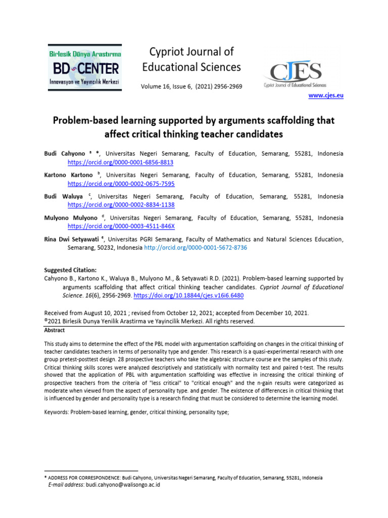 Problem-Based Learning Supported by Arguments Scaffolding That | PDF | Critical Thinking | Thought