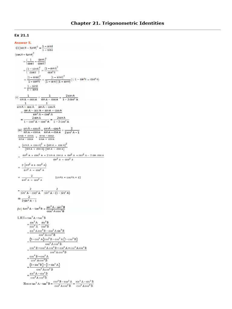 Frank Maths Solutions Class 10 Chapter 21 Trigonometric Identities | PDF