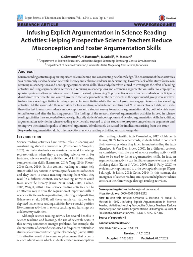 Infusing Explicit Argumentation In Science Reading Pdf Science Knowledge