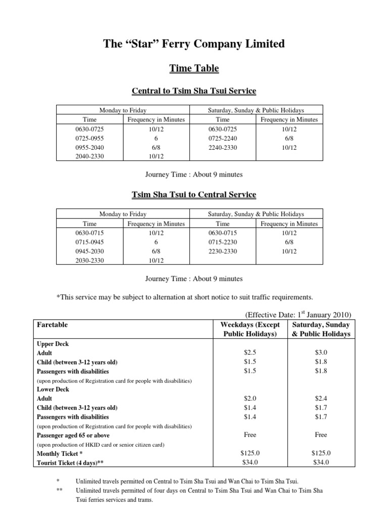 The "Star" Ferry Company Limited: Time Table | PDF