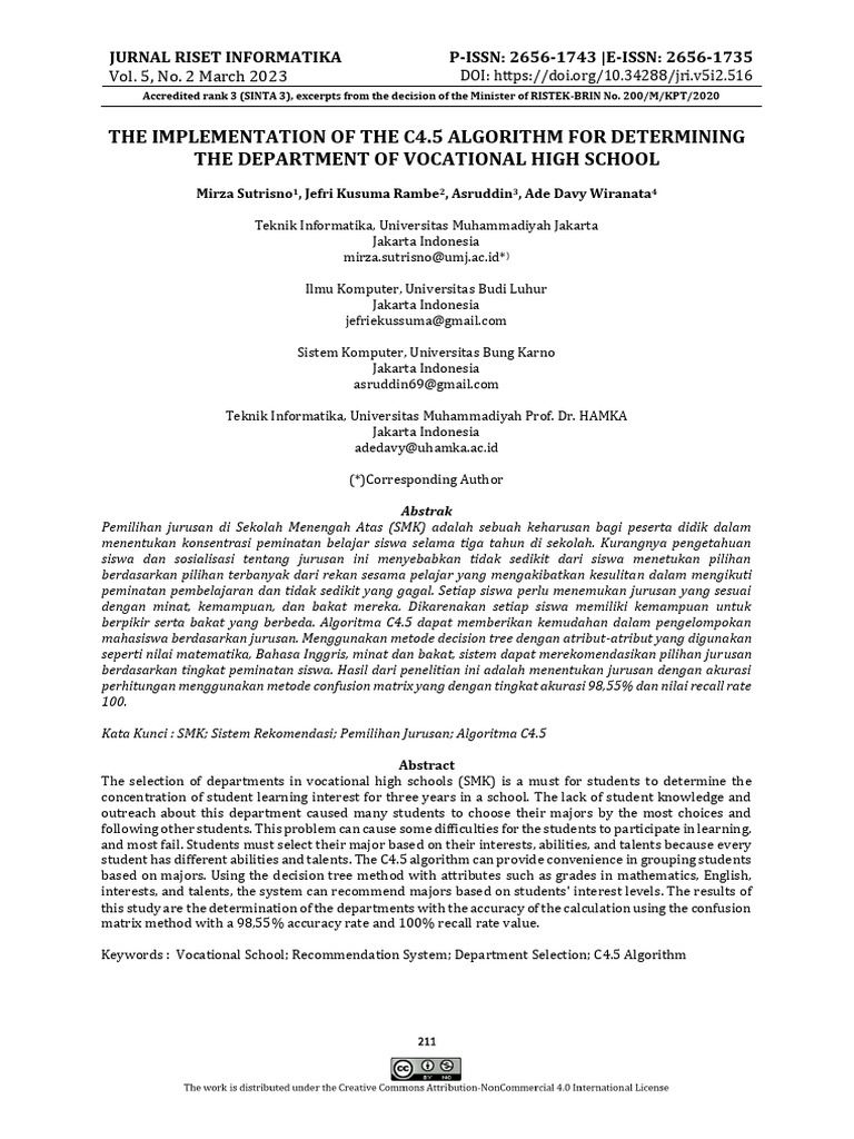 The Implementation Of C45 Algorithm For Determinin Pdf Data Mining Applied Mathematics 
