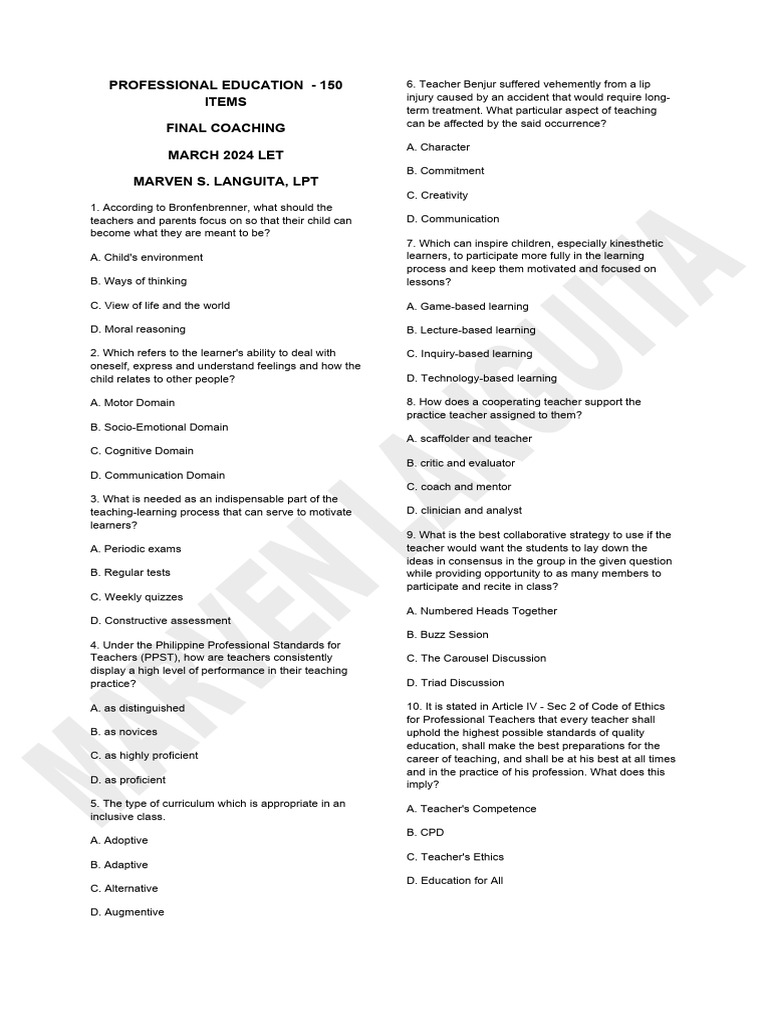 Prof Ed Final Coaching Mar 2024 Let | PDF | Learning | Teachers