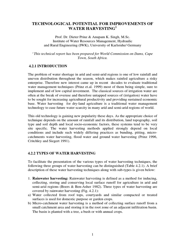 TECHNOLOGICAL POTENTIAL FOR IMPROVEMENTS OF WATER HARVESTING | Download Free PDF | Groundwater ...