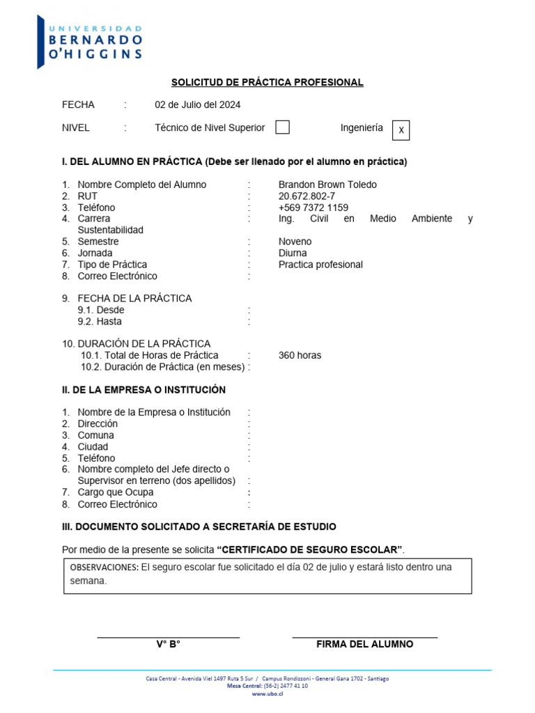 Solicitud de práctica profesional Brandon Brown Toledo | PDF