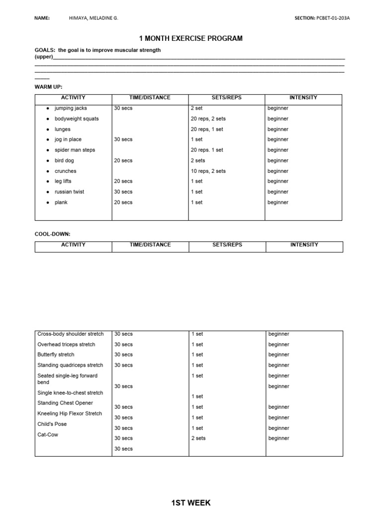 M - 1 MONTH EXERCISE PROGRAM | PDF | Physical Exercise | Physical Fitness