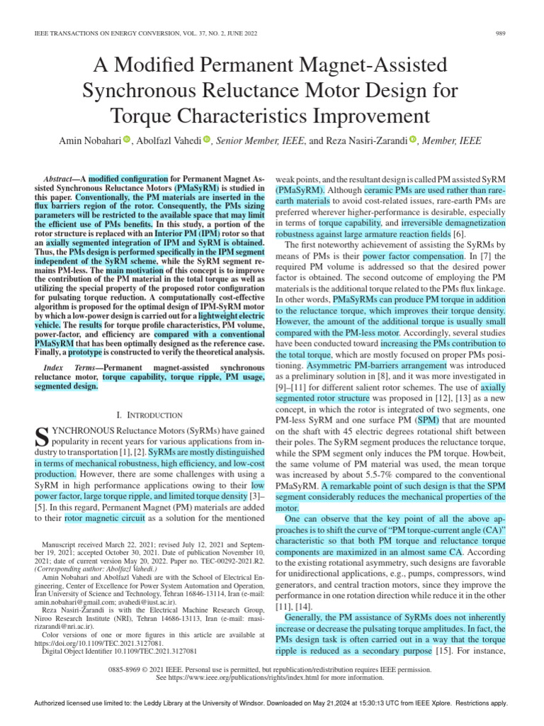 (READ) a Modified Permanent Magnet-Assisted Synchronous Reluctance Motor Design for Torque ...