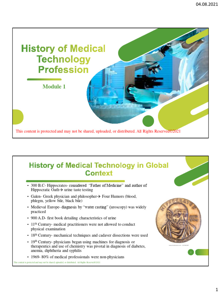 Module 1-History of Medical Technology Profession | PDF | Medicine | Biology