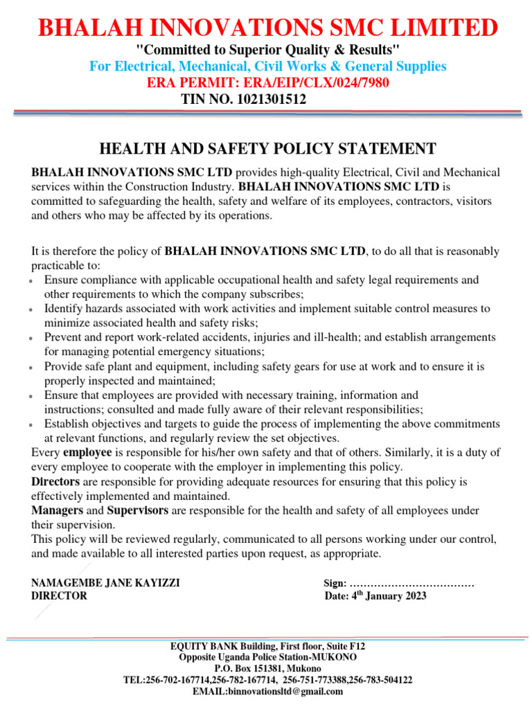 Health and Safety Policy | PDF | Occupational Safety And Health | Safety