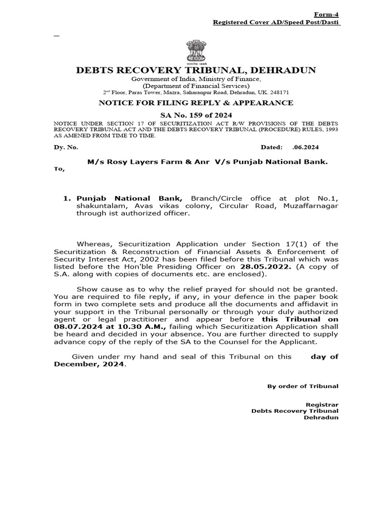 SA Form 4 SUMMON Notice For Reply and Appearance | PDF