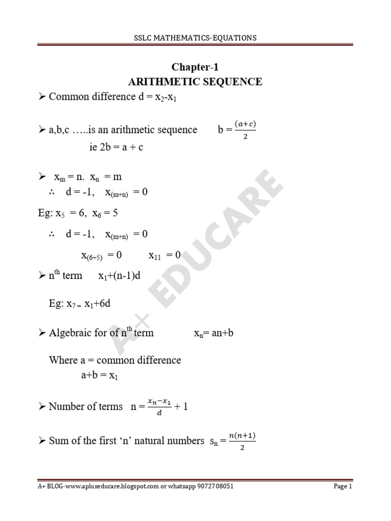 A+ BLOG-SSLC-MATHEMATICS-ARITHMETIC SEQUENCES-EQUATIONS-EM | PDF