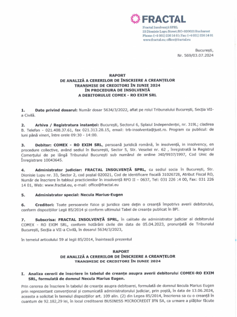 6650 Raport Analiza Declaratii de Creante COMEX-RO EXIM SRL | PDF