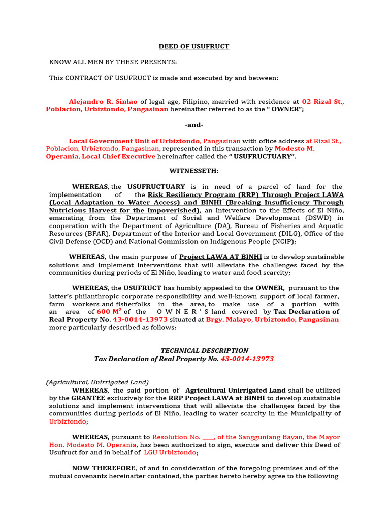 Revised Deed of Usufruct 1 | PDF | Breach Of Contract | Natural ...