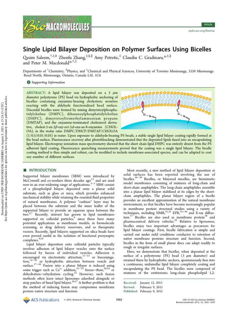 Acs Biomac 5b00042 | PDF | Lipid Bilayer | Biological Membrane