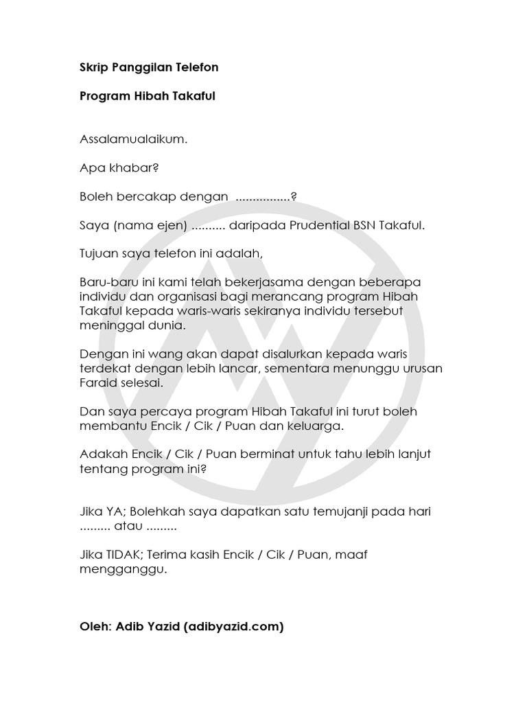 Skrip Panggilan Hibah Takaful | PDF