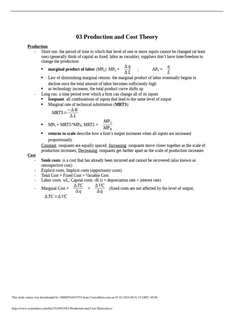 03 Production and Cost Theory | PDF | Economics | Business Economics