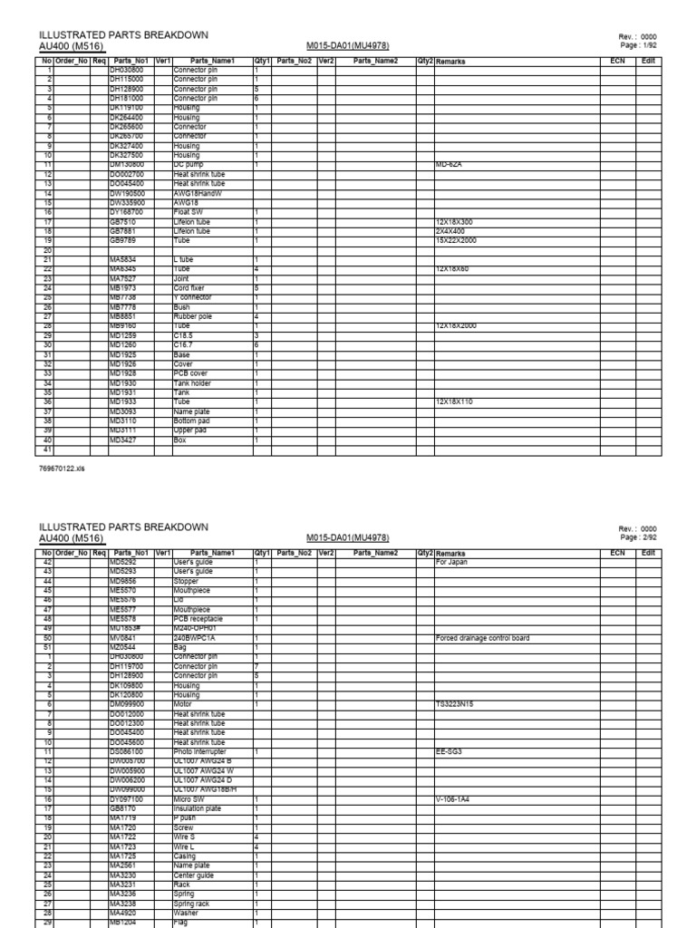 AU400 M516 PartsList | PDF | Electrical Connector | Belt (Mechanical)