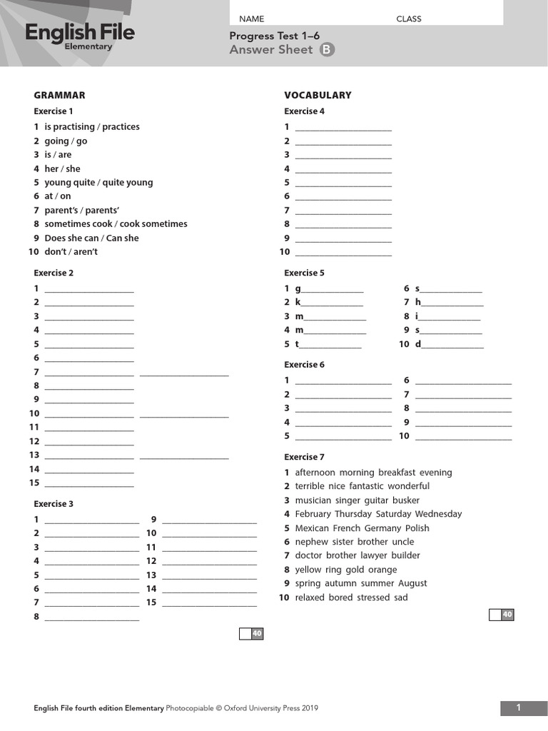 EF4e Progress Test 1-6 B Answer Sheet | PDF | Linguistics