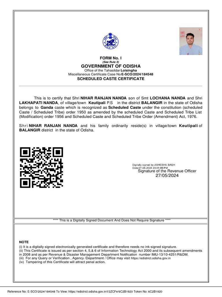 Scheduled Caste Certificate Details | PDF