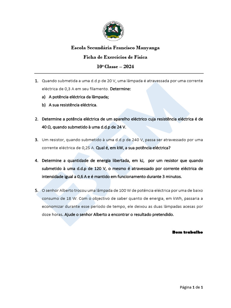 Ficha de Exercicios - Fisica - 10a Classe - 2023 - Potencia Electrica e ...