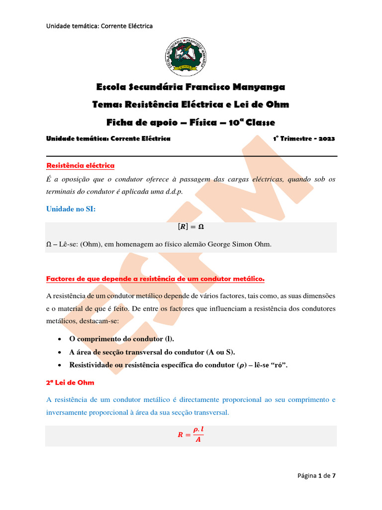 Ficha de Apoio de Fisica - Resistencia Electrica e Lei de Ohm - ESFM 2023 | PDF | Rede elétrica ...