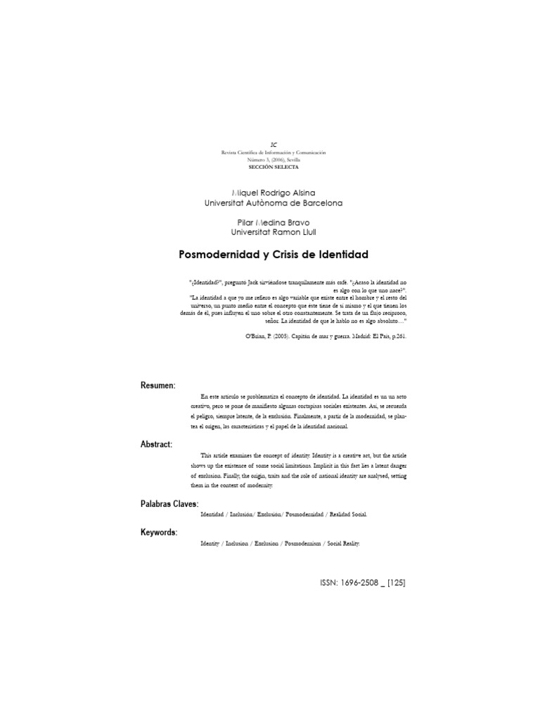 Alsina - Posmodernidad y Crisis de Identidad | PDF | Pensamiento | Nación Alsina - Posmodernidad y Crisis de Identidad | PDF | Pensamiento | Nación