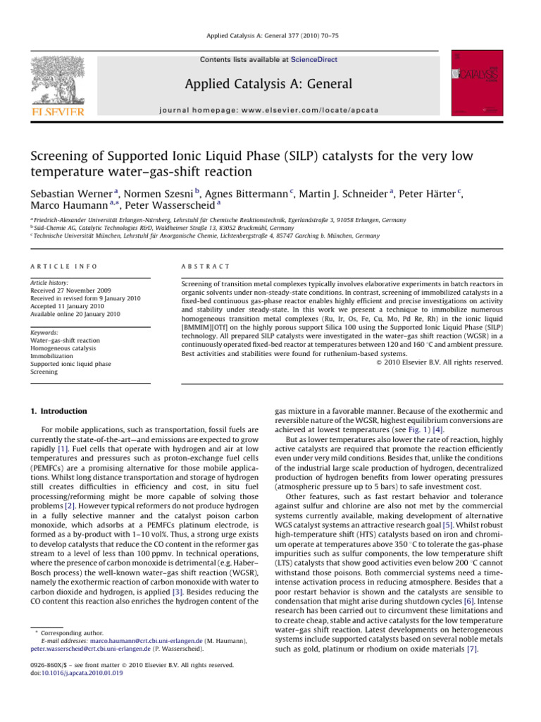 Screening of Supported Ionic Liquid Phase (SILP) Catalysts For The Very ... Screening of Supported Ionic Liquid Phase (SILP) Catalysts For The Very ...