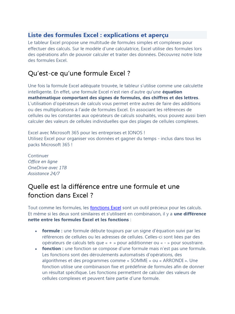 Liste des formules Excel essentielles | PDF | Microsoft Excel | Feuille ...