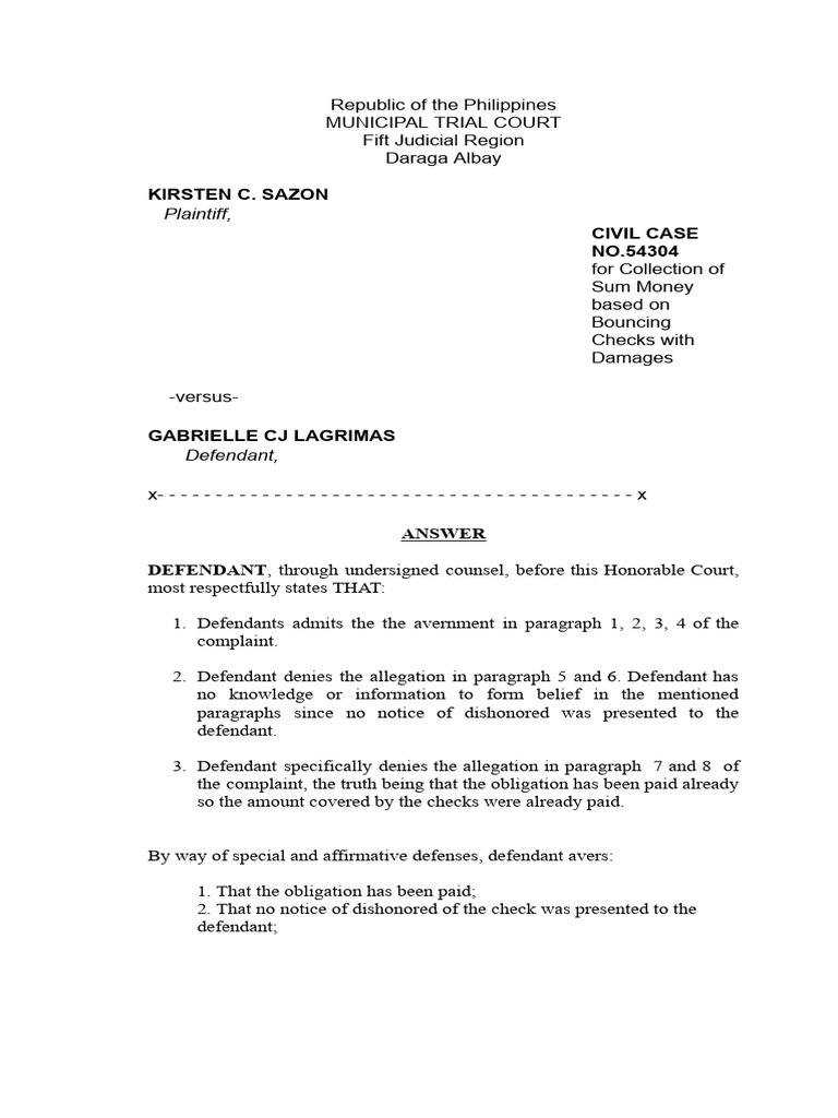 Answer On Complaint Example | PDF | Lawsuit | Justice