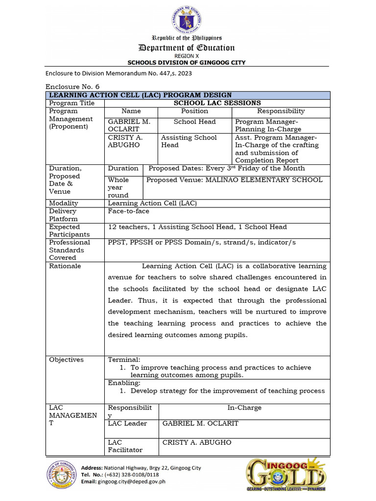 Lac Program Design-Malinao Es | PDF | Pedagogy | Education Theory