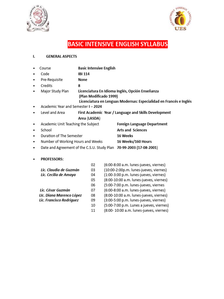 Basic Intensive English Syllabus-2024 | PDF | Second Language | Information