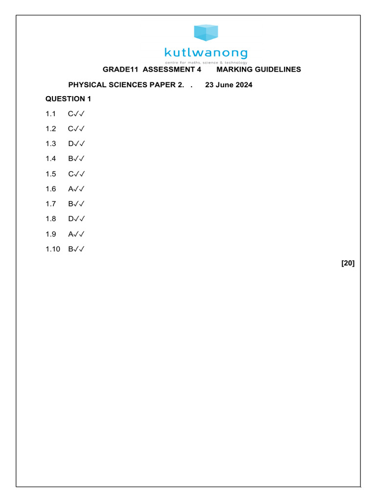 Grade 11 Physical Sciences Assessment 4 Marking Guidelines 2024 Mod ...
