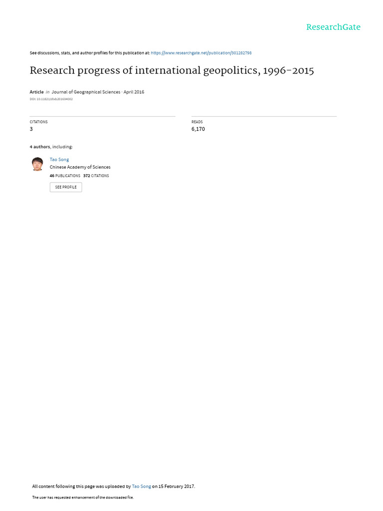 Research Progress of International Geopolitics, 1996-2015: Journal of ... Research Progress of International Geopolitics, 1996-2015: Journal of ...