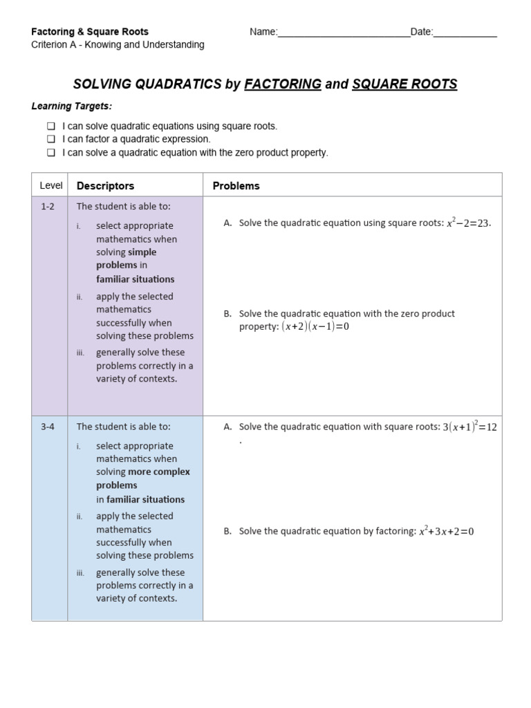 Summative - Factoring and Square Roots - MYP Crit. A | PDF | Quadratic ...