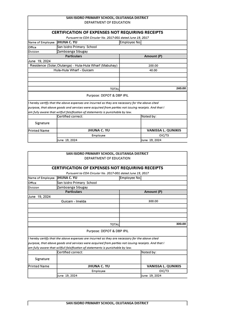 Certification of Expenses Not Requiring Receipts | PDF