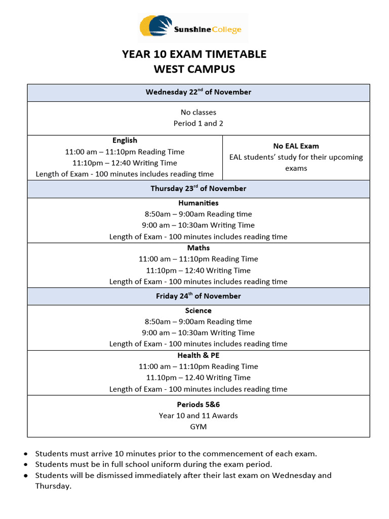 Year 10 Exam Schedule & Rules | PDF | Qualifications