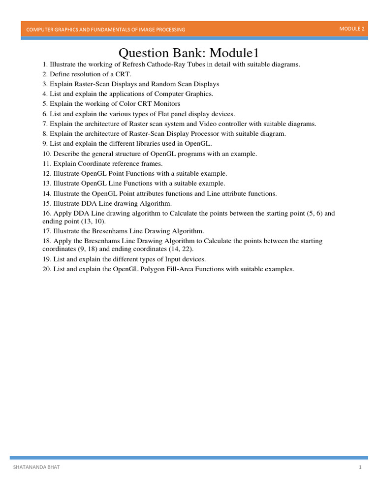 Question Bank: Module1: Computer Graphics and Fundamentals of Image Processing | PDF | 2 D ...