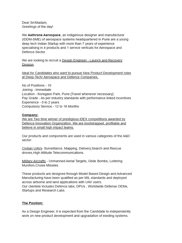 Aethrone Aerospace JD, Launchers - Design Engineer | PDF | Unmanned Aerial Vehicle