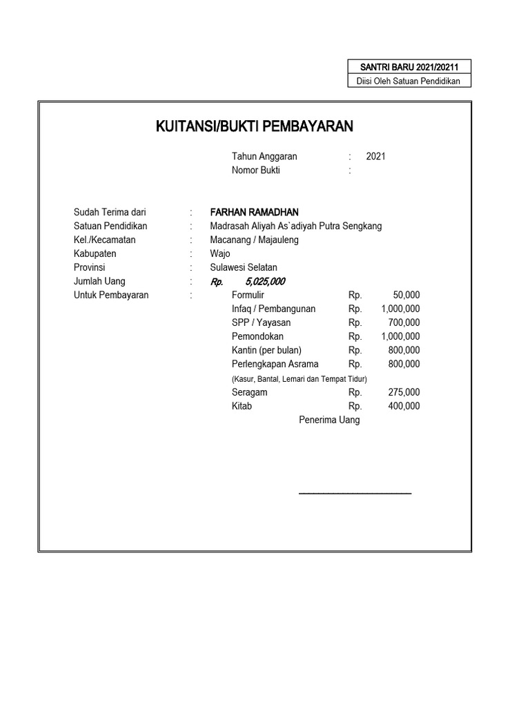 Kuitansi 2021 Santri Baru | PDF | Pengelolaan Keuangan & Uang