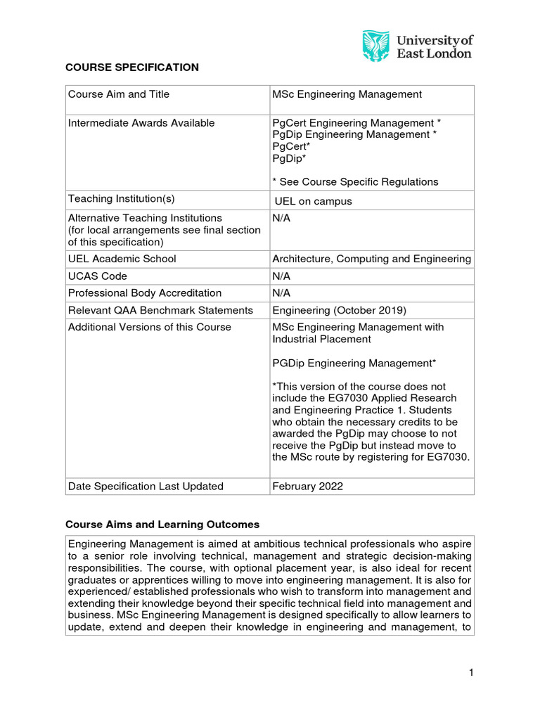 Course Specification - MSC Engineering Management | PDF | Engineering ...