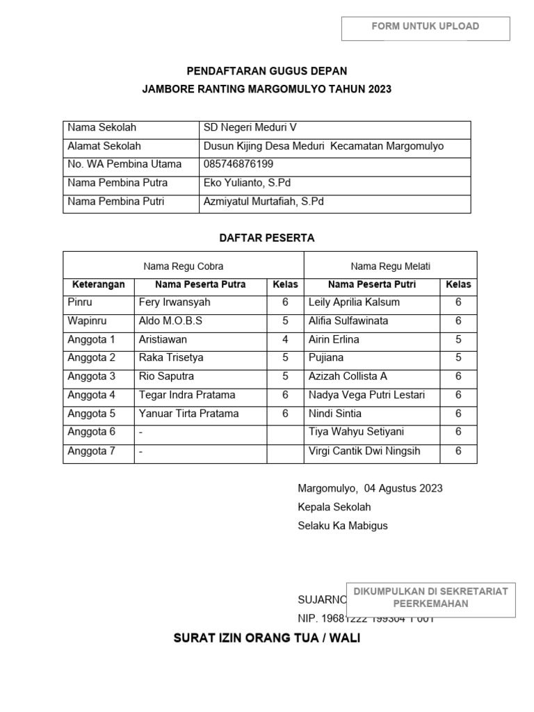 Form Pendaftaran & Surat Izin Orang tua | PDF