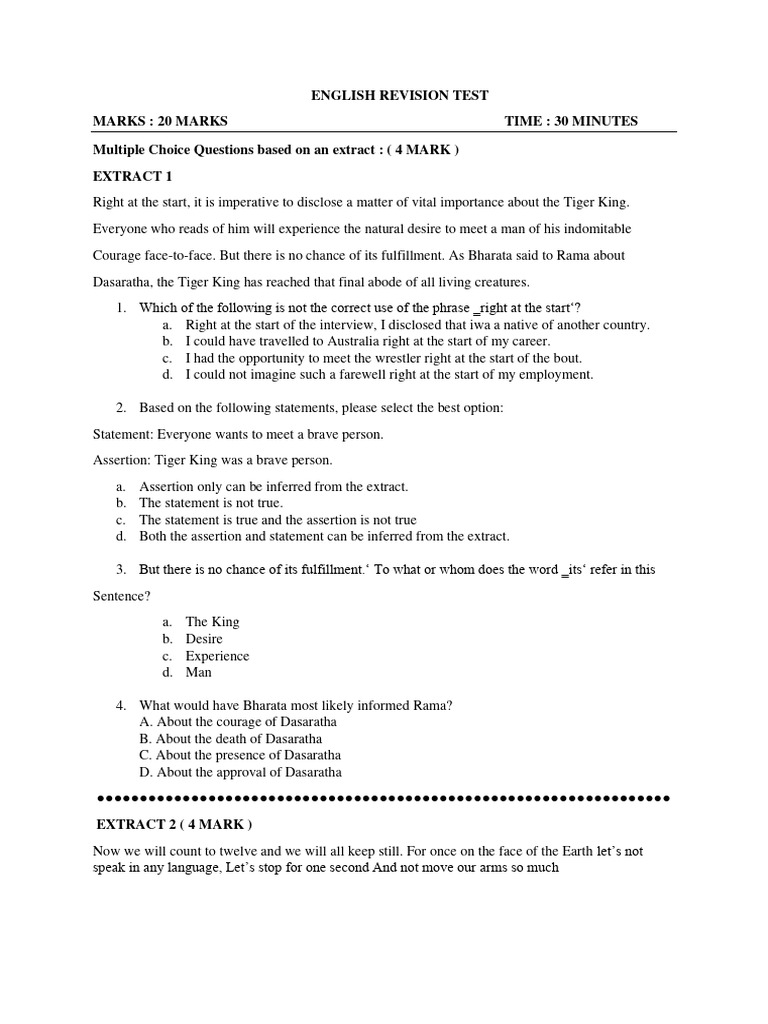 ENGLISH REVISION TEST Question Paper | PDF