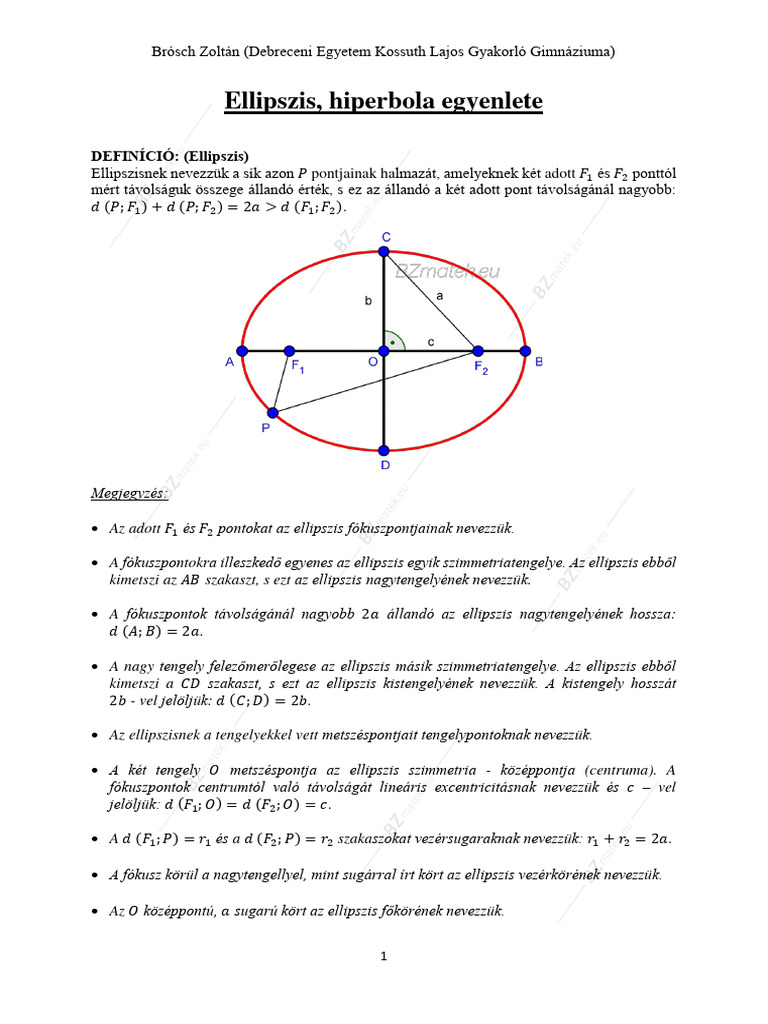 Koordinata Geometria v. Ellipszis Hiperbola Egyenlete E 1 | PDF