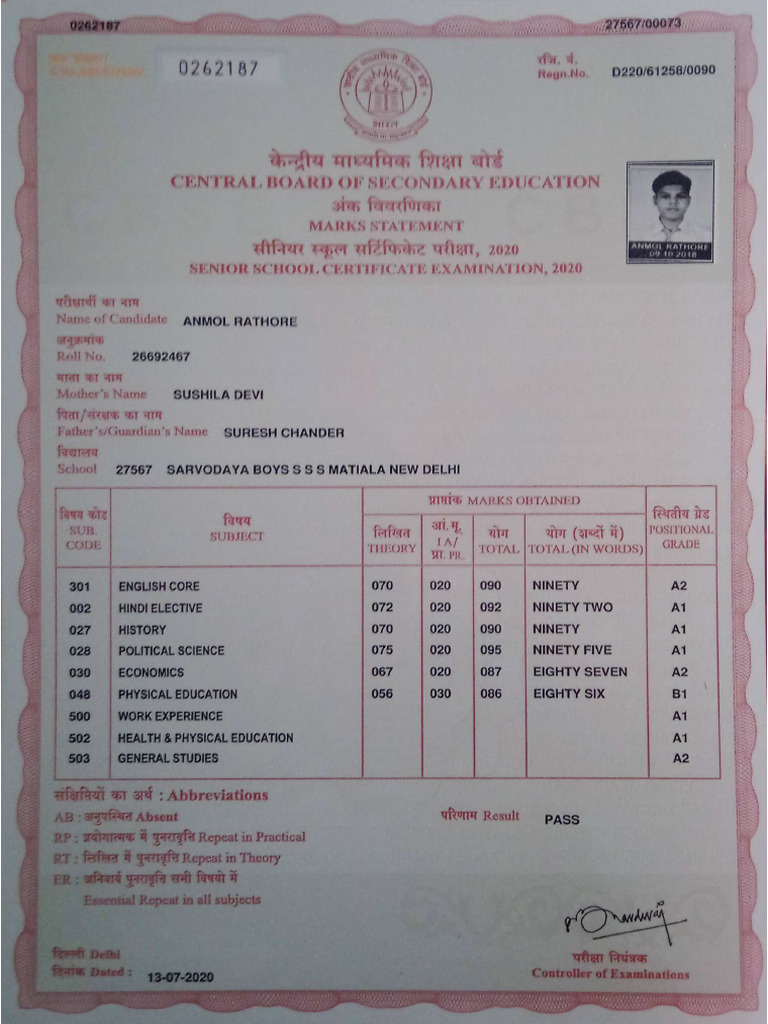 Class 12 Marksheet | PDF