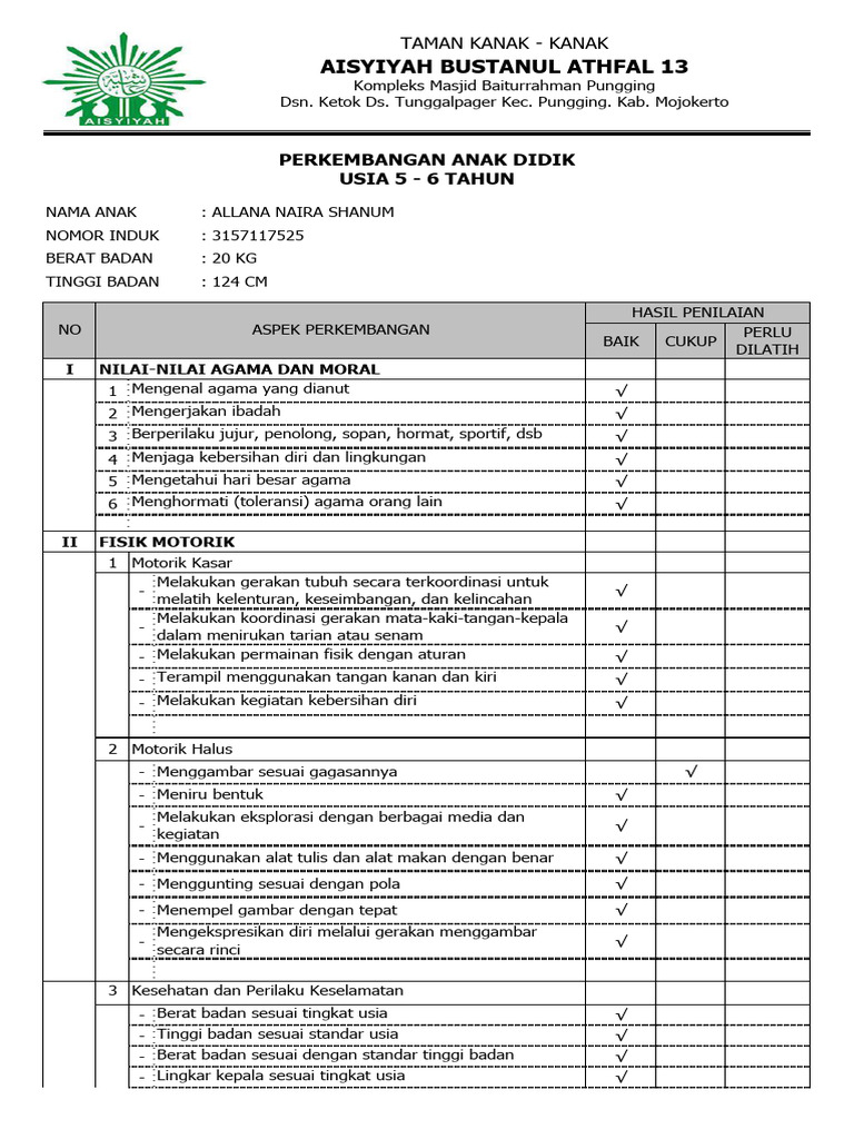 Contoh Raport Paud Otomatis TK 5-6 THN | PDF