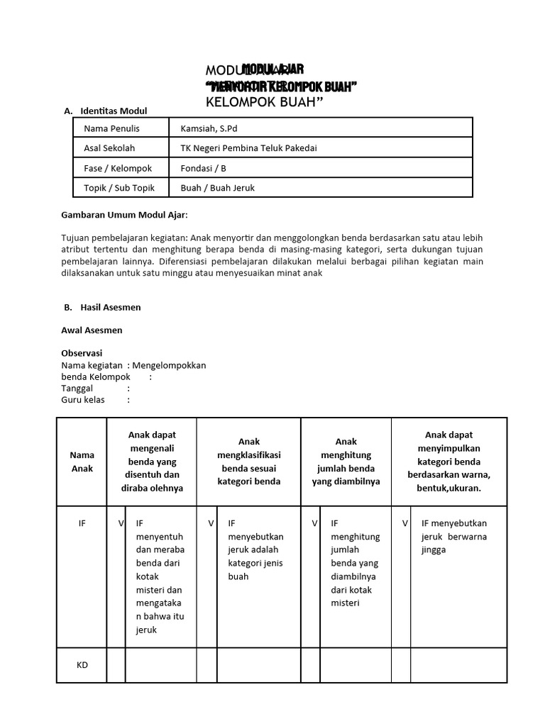 Modul Ajar PAUD - Menyortir Kelompok Buah Jeruk | PDF
